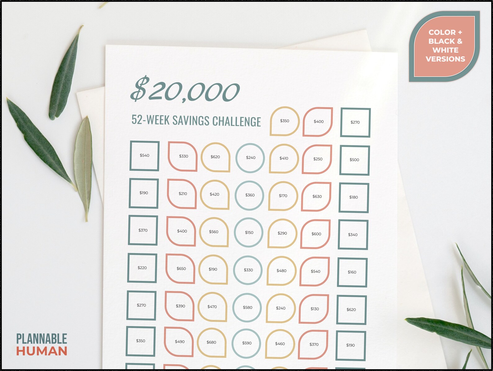 20,000 Savings Challenge Printable | 52 Week & 100 Envelope Challenges ...