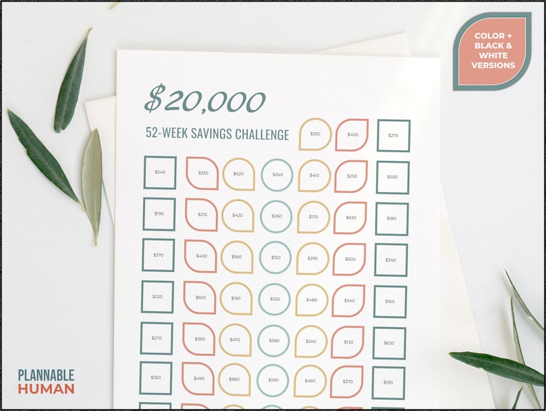 20,000 Savings Challenge Printable | 52 Week & 100 Envelope Challenges ...