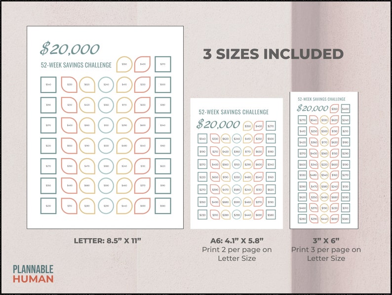 20,000 Savings Challenge Printable | 52 Week & 100 Envelope Challenges ...