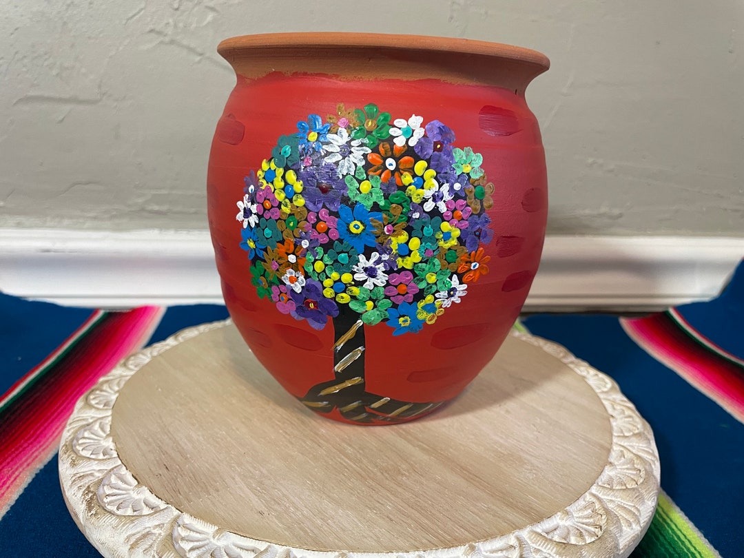33 Oz Hand Painted Whimsical Daisy Tree Mexican Clay Cup / Cantarito De ...