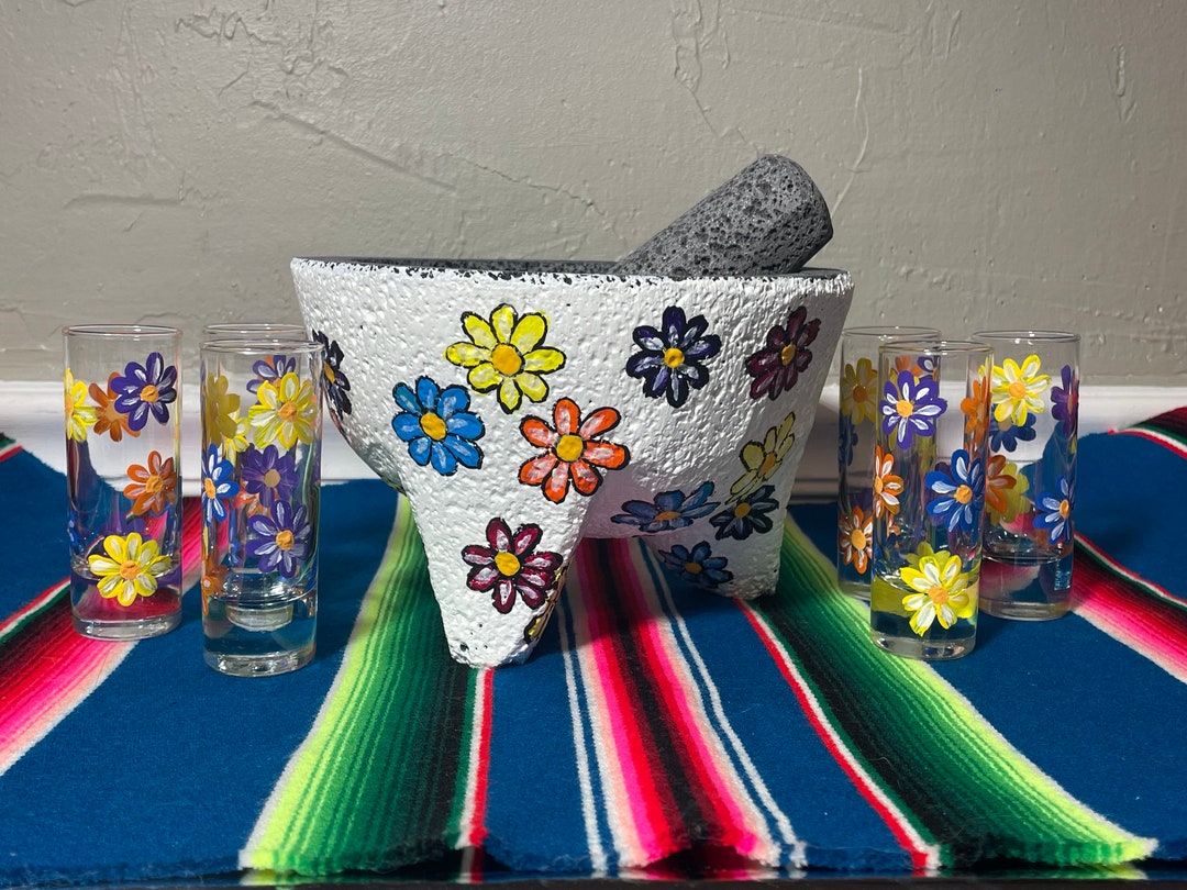Mexican Hand-painted Daisy Mortar and Pestle With Six Matching Shot ...