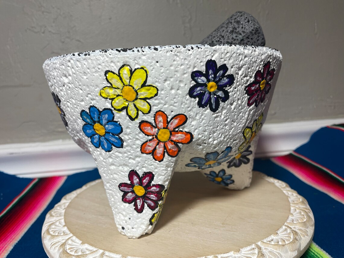 Mexican Molcajete Set: Hand-painted Daisy Mortar and Pestle With Shot ...