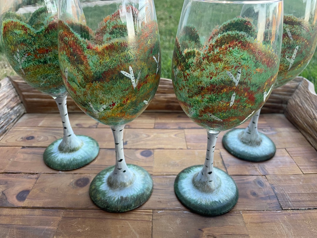 Autumn Birch Tree Stemmed Wine Glass, 20 Oz. Hand Painted / Fall ...