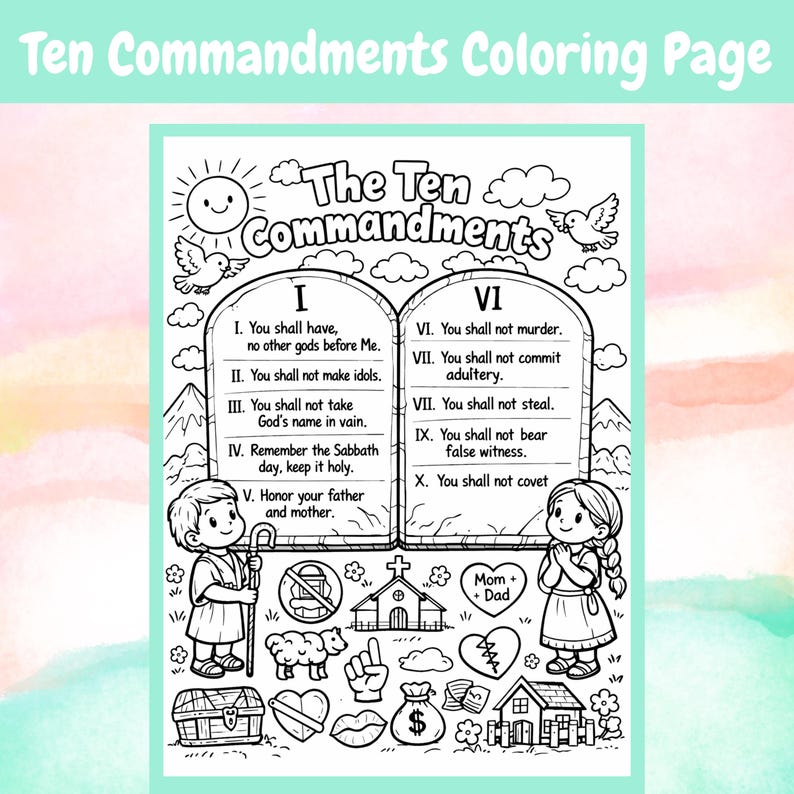 Ten Commandments Coloring Page for Kids, Christian Bible Coloring Sheet ...