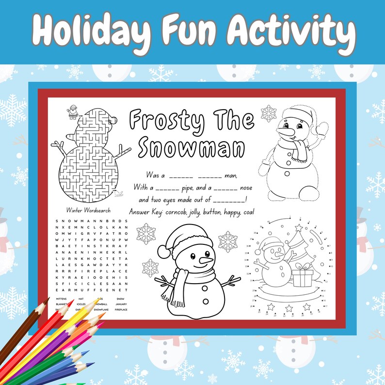 Snowman Activity Placemat, Christmas Coloring Page With Maze, Connect ...