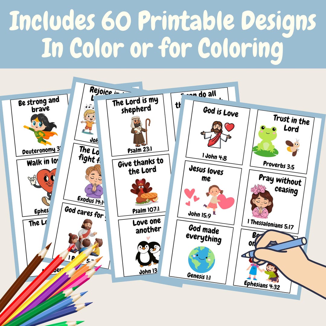 Bible Verse Memory Cards for Kids, Printable 60 Pack Coloring and ...
