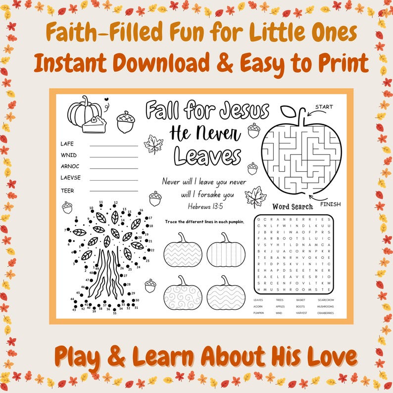 Christian Fall Activity Sheet Printable - Hebrews 13:5, 11x8.5 PDF With ...