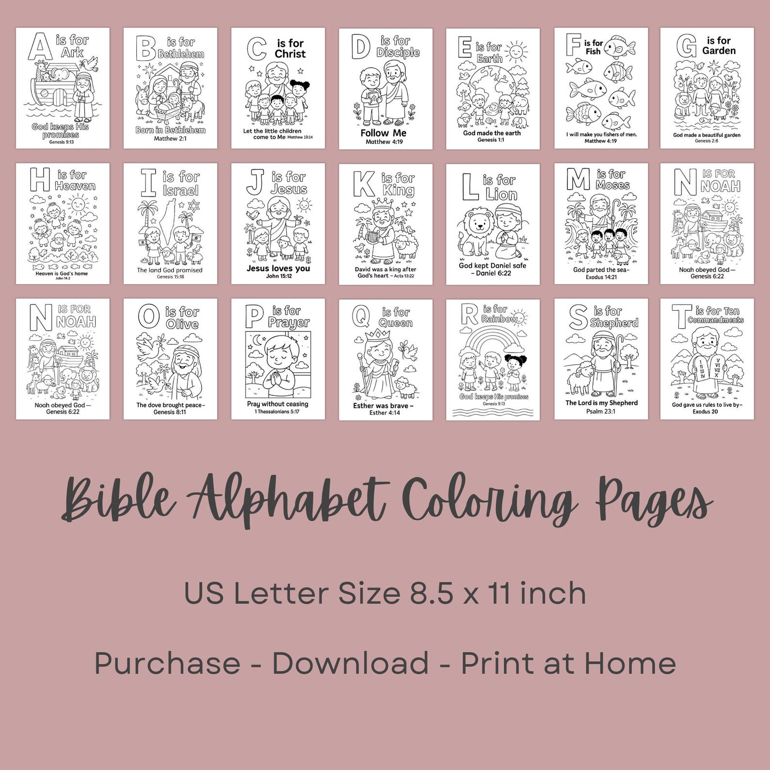 26 Bible ABC Coloring Sheets for Kids, Bible Verse Coloring Pages ...