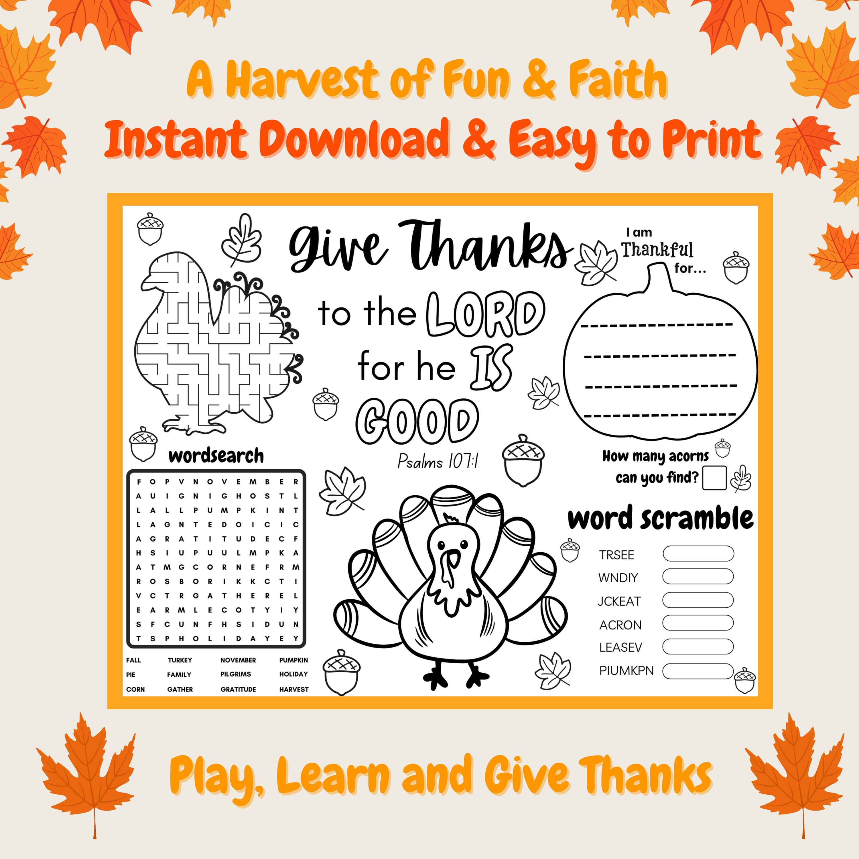 Thanksgiving Christian Activity Sheet for Kids | Maze, Word Search ...
