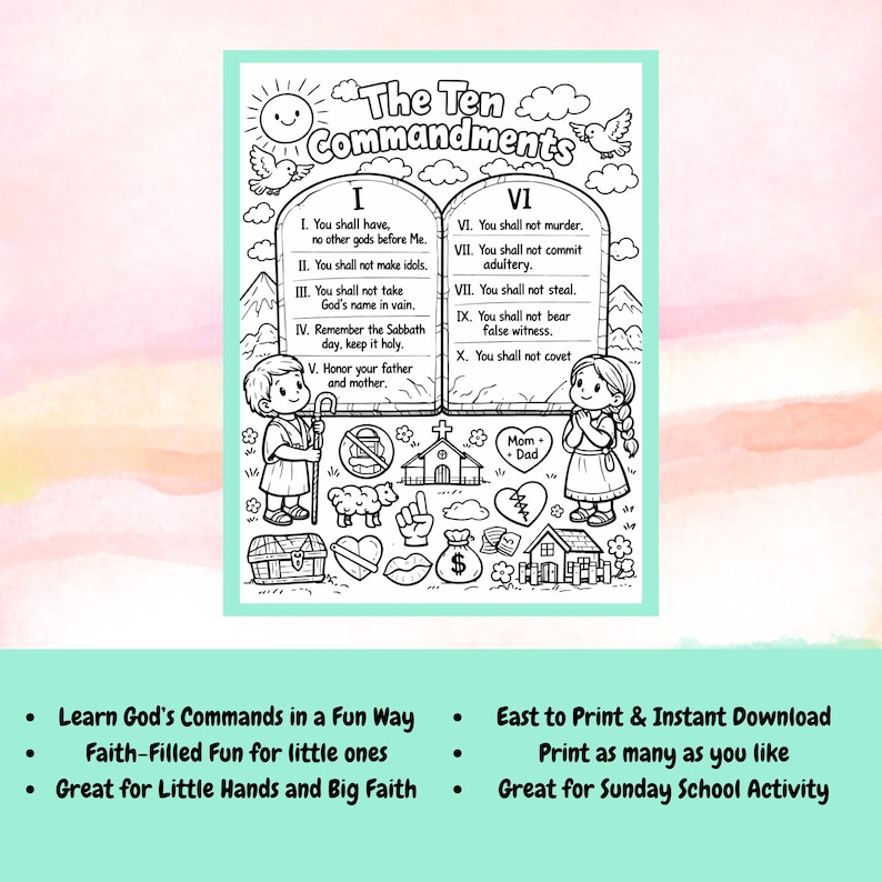 Ten Commandments Coloring Page for Kids, Christian Bible Coloring Sheet ...