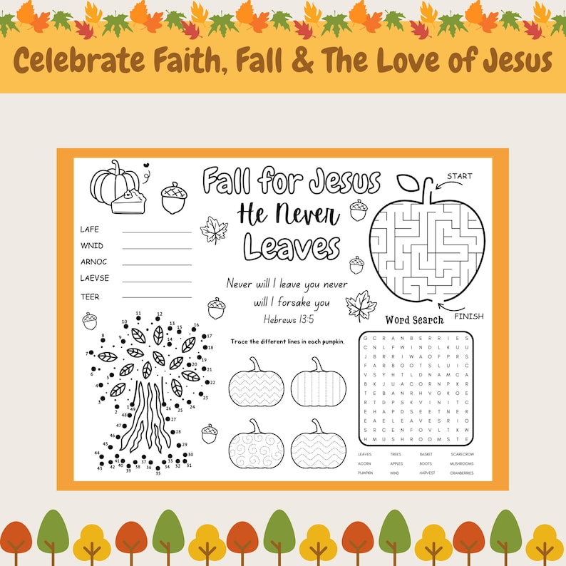 Christian Fall Activity Sheet Printable - Hebrews 13:5, 11x8.5 PDF With ...
