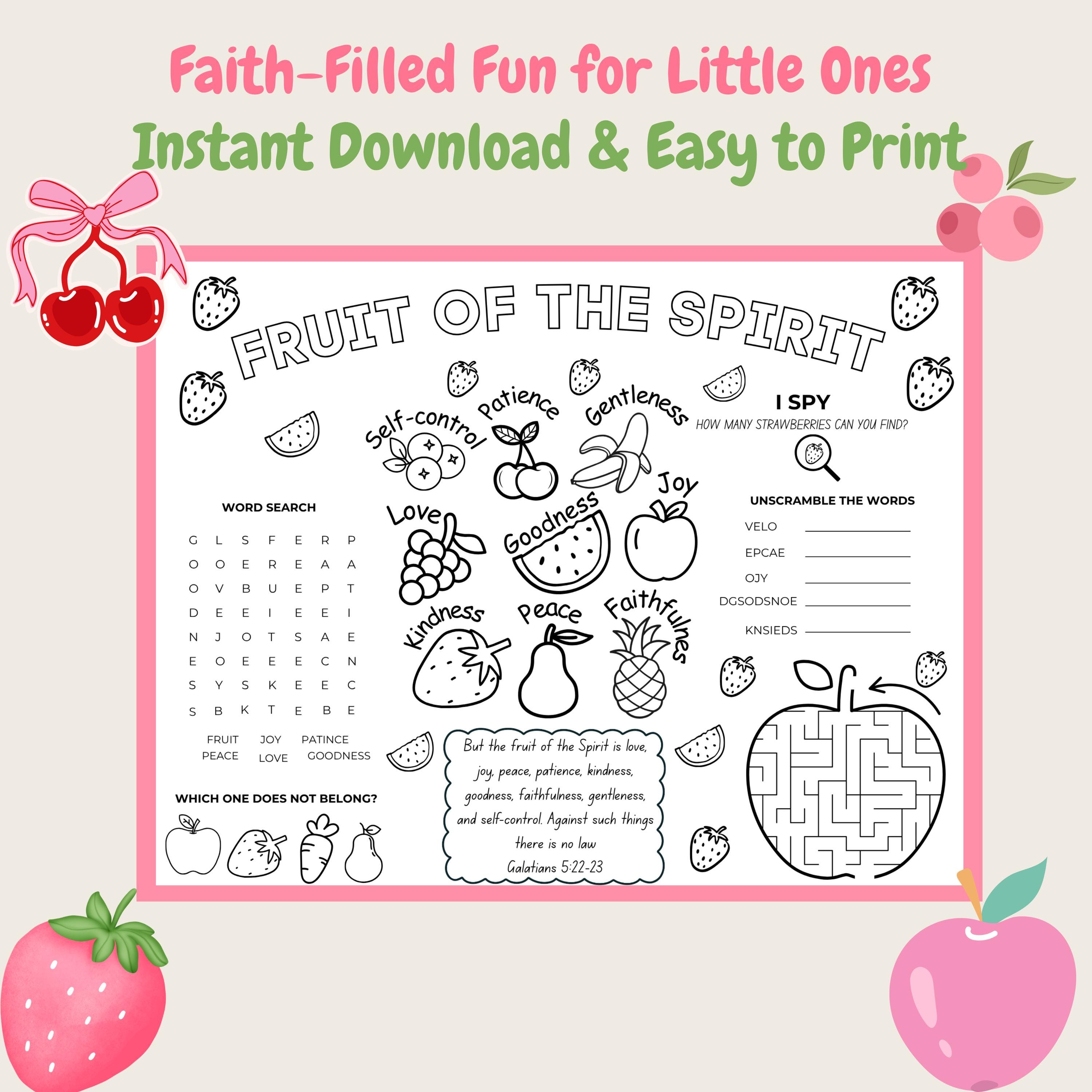 Fruit of the Spirit Kids Bible Lesson Activity Sheet - Galatians 5:22 ...