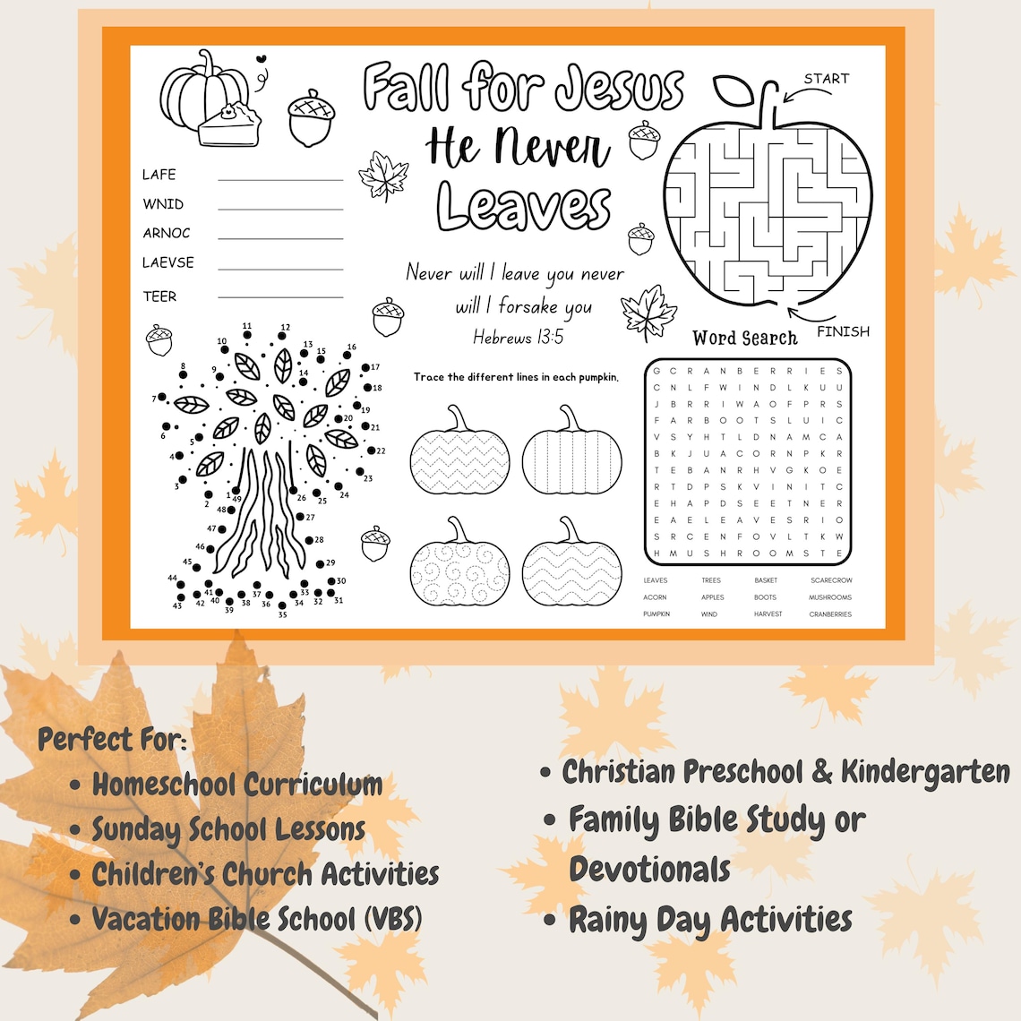Christian Fall Activity Sheet Printable - Hebrews 13:5, 11x8.5 PDF With ...