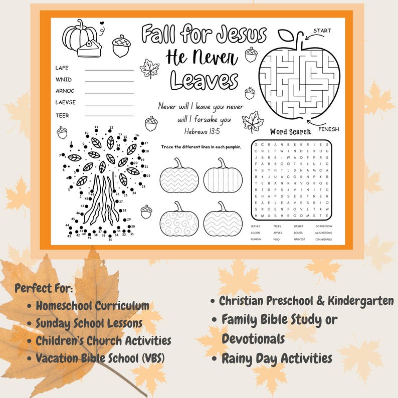 Christian Fall Activity Sheet Printable - Hebrews 13:5, 11x8.5 PDF With ...