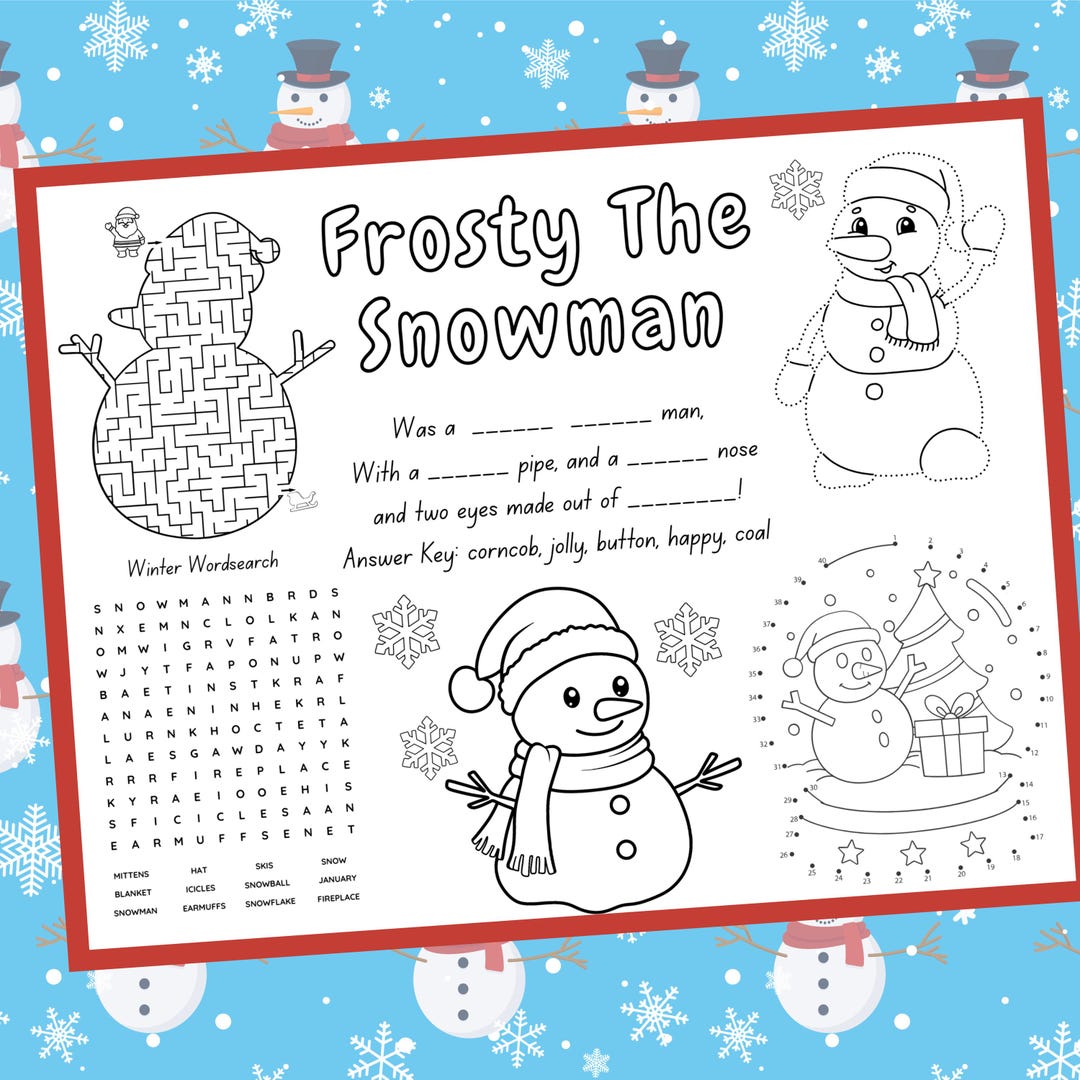 Snowman Activity Placemat, Christmas Coloring Page With Maze, Connect ...