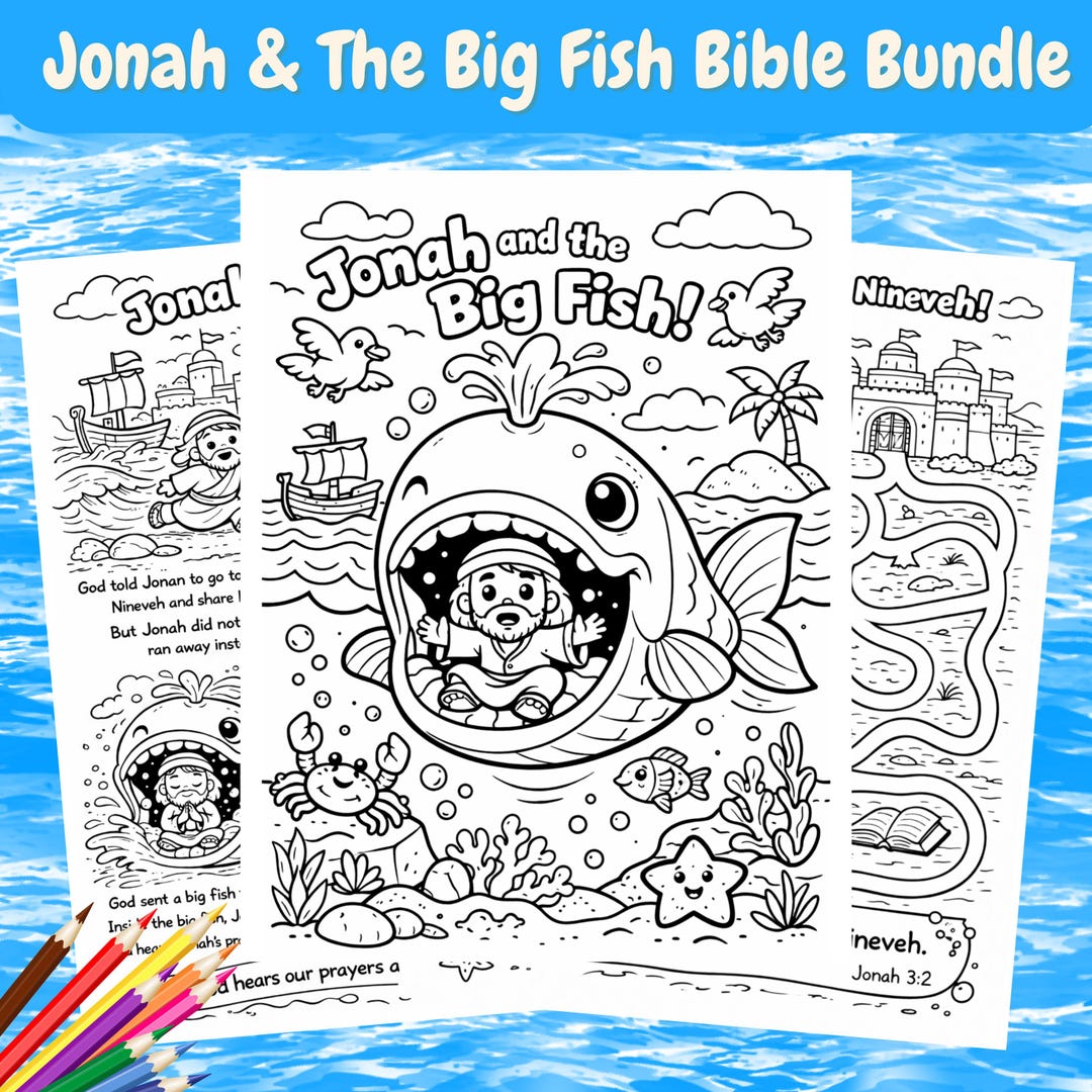 Jonah and the Big Fish Coloring Pages for Kids, Bible Story Activity ...