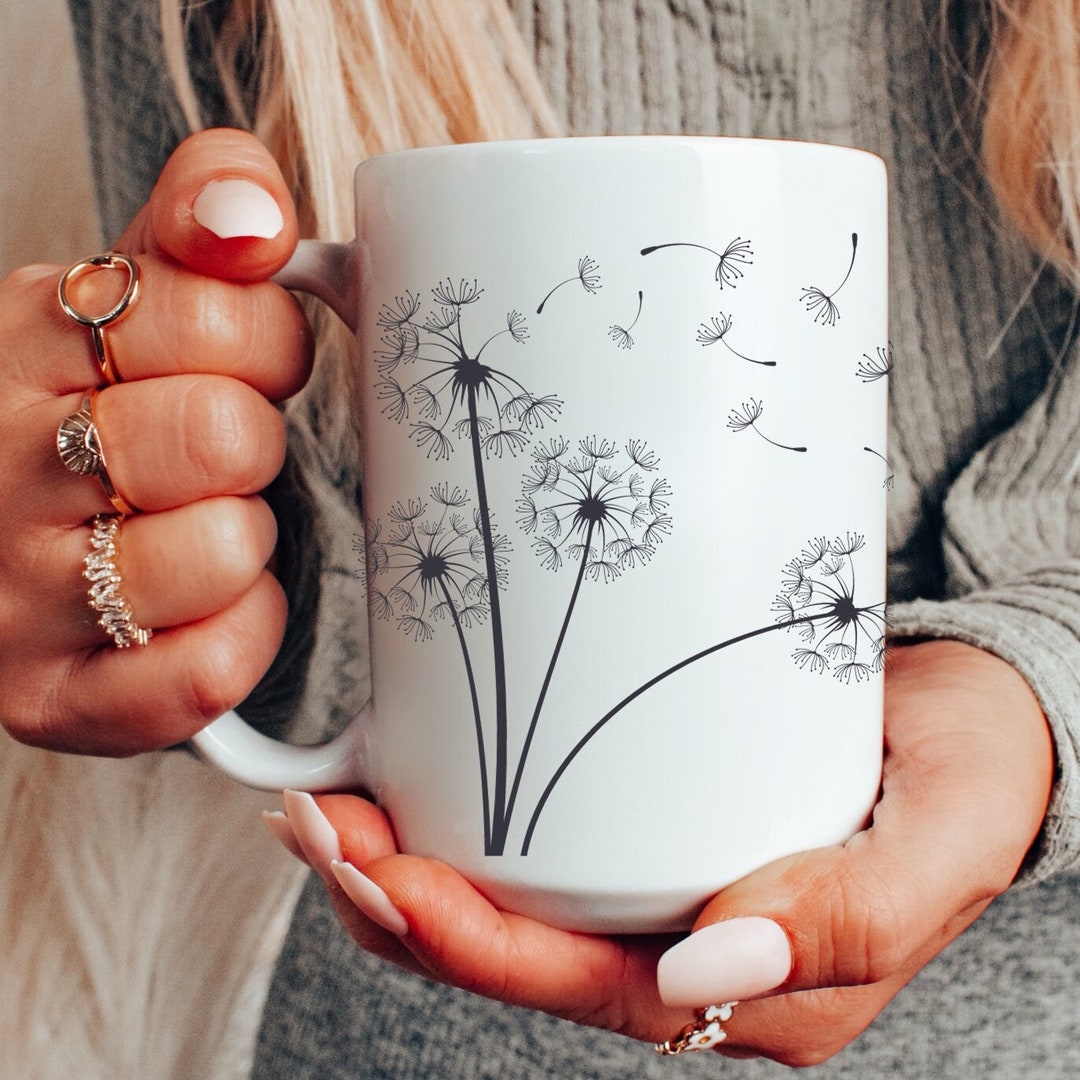 Custom Whimsical Dandelion Print Large Ceramic Coffee Mug, Nature ...
