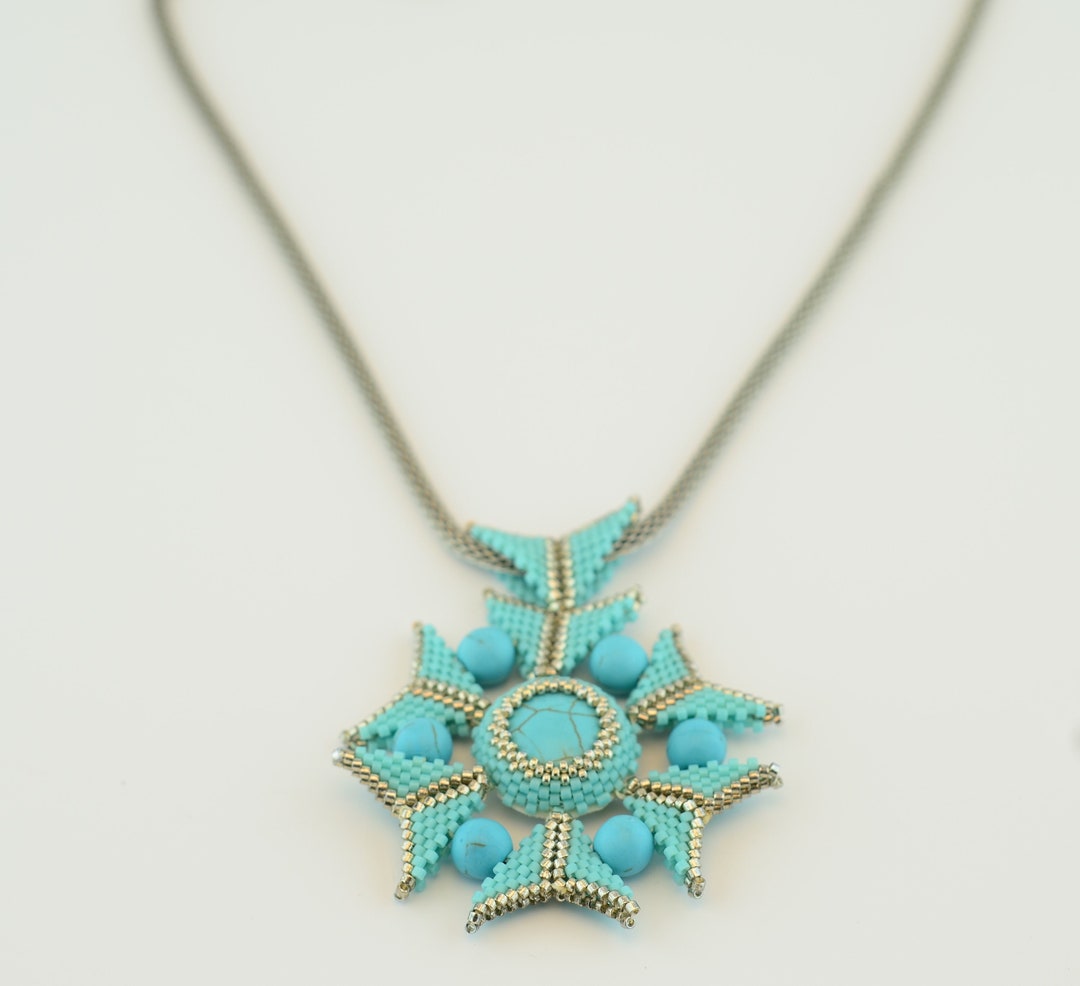 Miyuki Sand Bead Flower Design Natural Turquoise Stone Necklace With ...