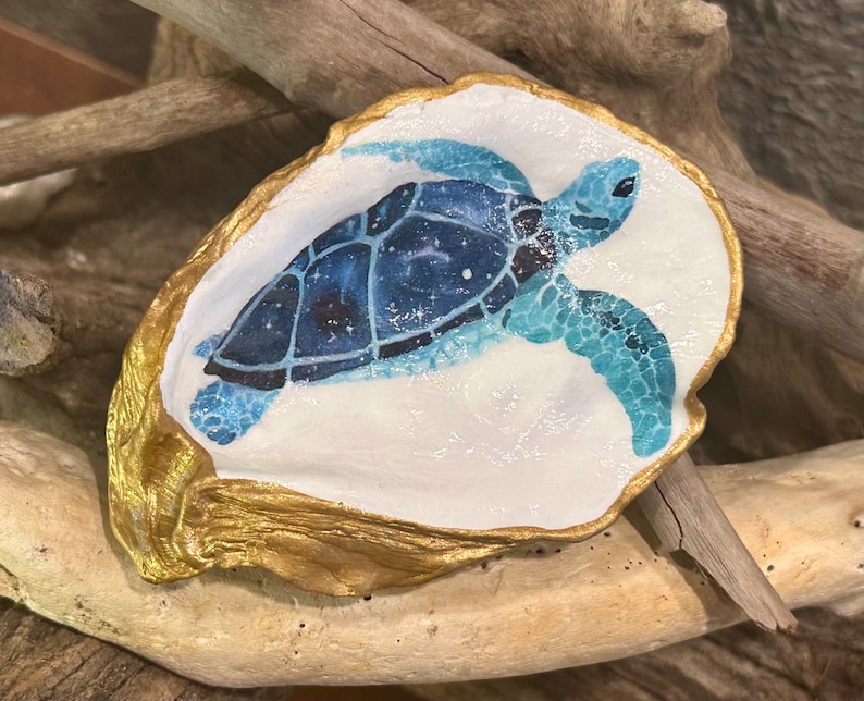 Decoupage Sea Turtle on a Hand Painted Real Oyster Shell, Beach Combed ...