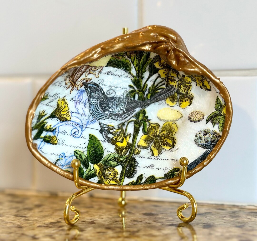 Decoupage Bird and Floral Pattern on a Hand Painted, Real, Clam Shell ...