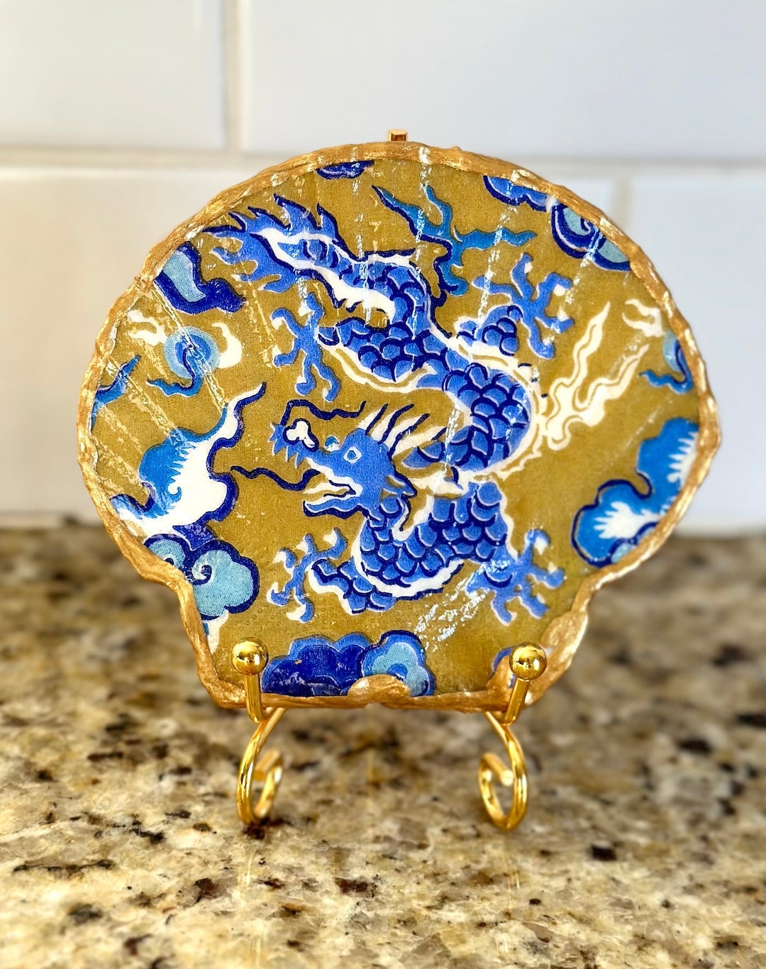 Decoupage Chinese Dragon on a Hand Painted Flat Scallop Shell. the ...