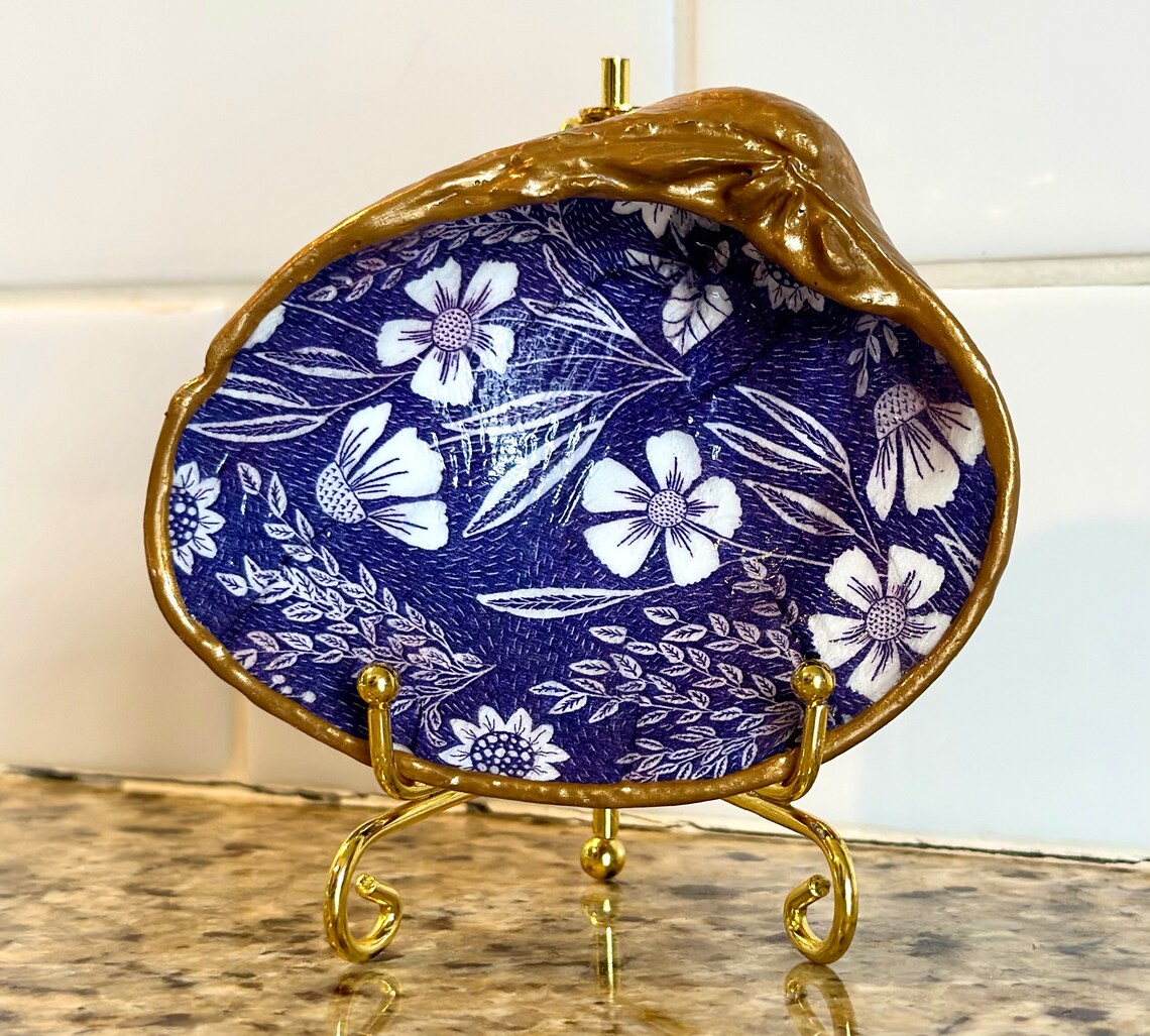 Decoupage Blue and White Floral Pattern on a Hand Painted, Real, Clam ...