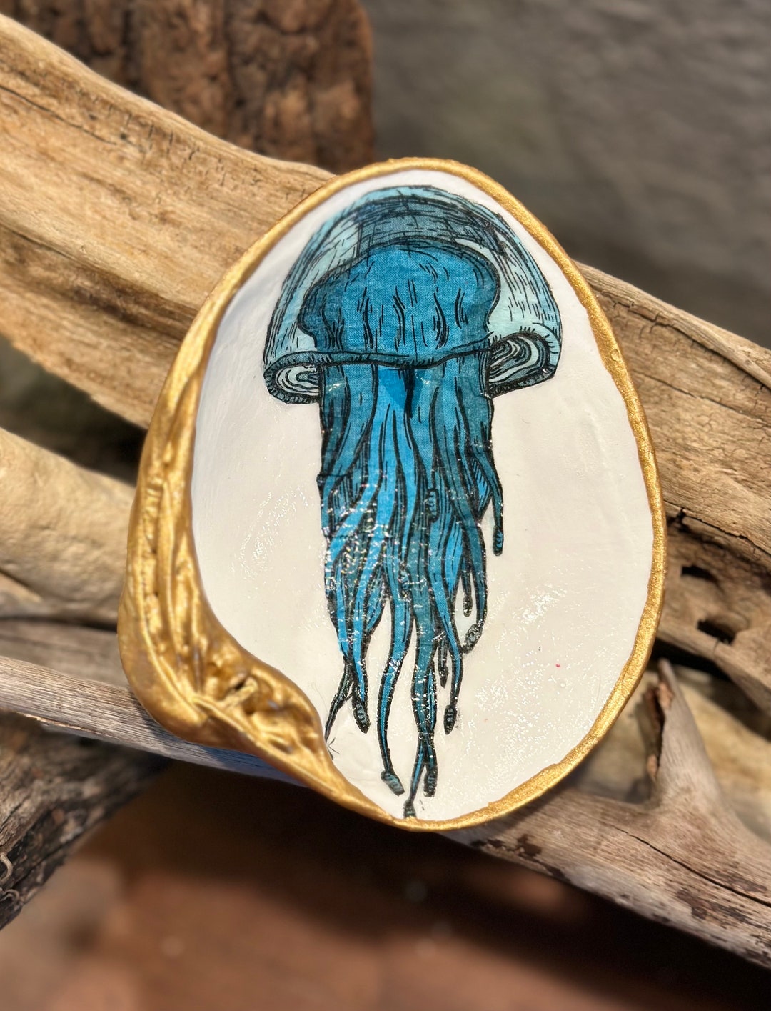 Decoupage Blue Jellyfish Pattern on a Hand Painted, Real Clam Shell. - Etsy