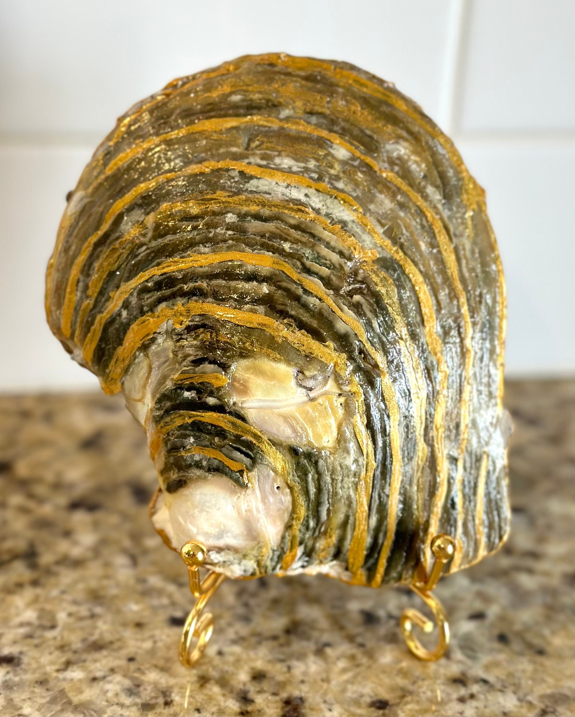 Decoupage and Painted Octopus and Blue Stripes on a Real Pearl Oyster ...