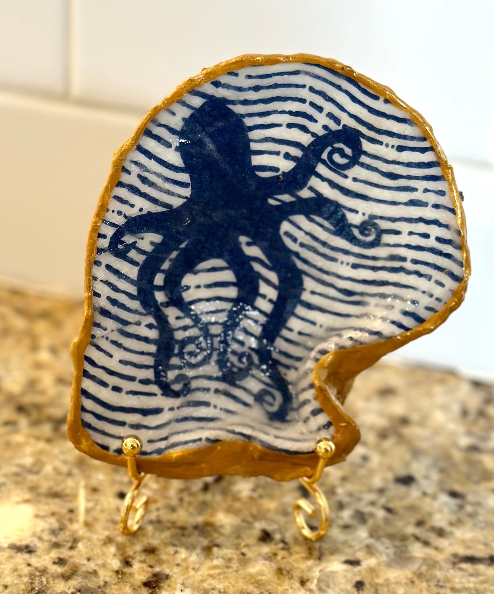 Decoupage and Painted Octopus and Blue Stripes on a Real Pearl Oyster ...