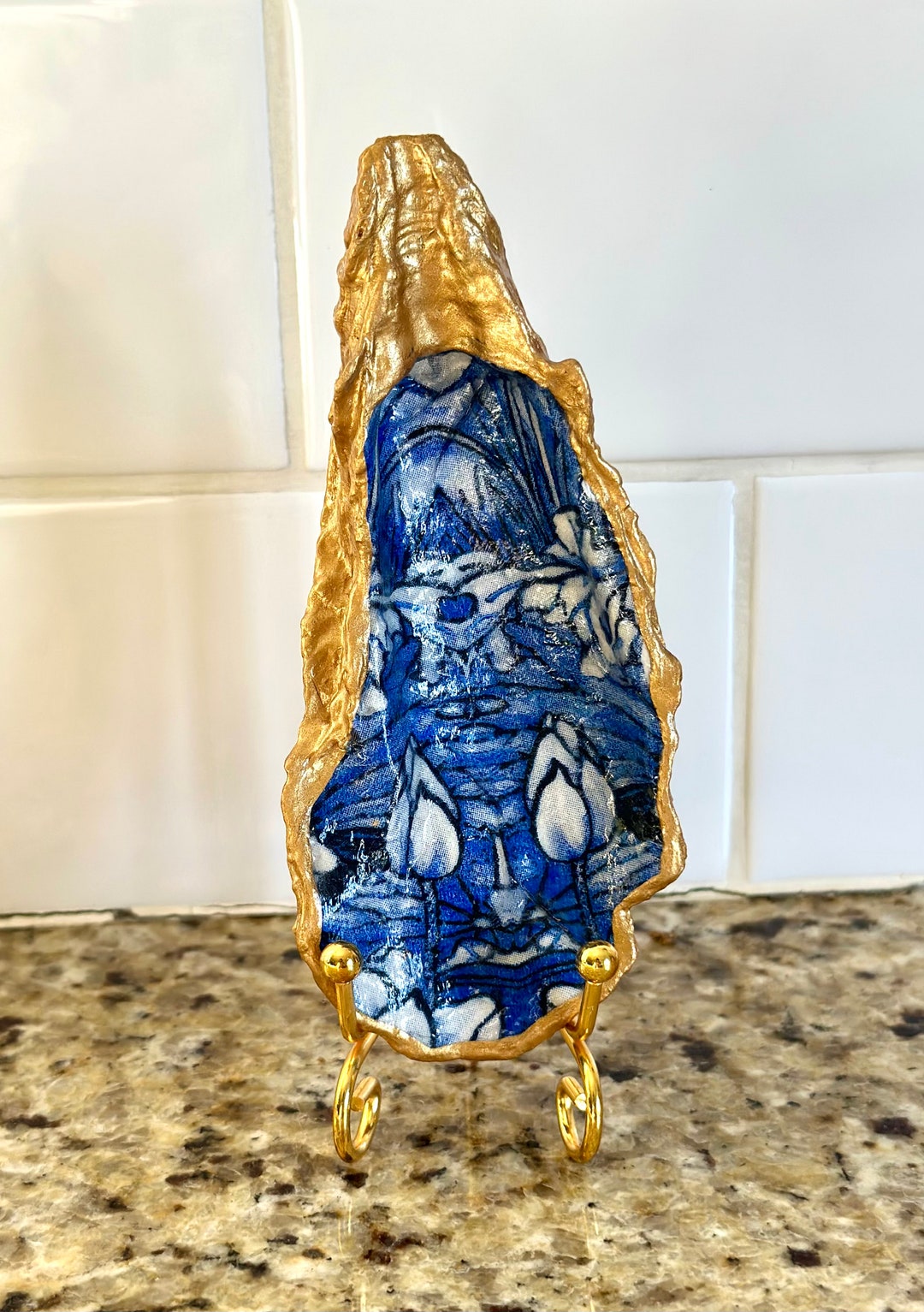 Decoupage Abstract Blue Floral Pattern on a Hand Painted Oyster, Beach ...
