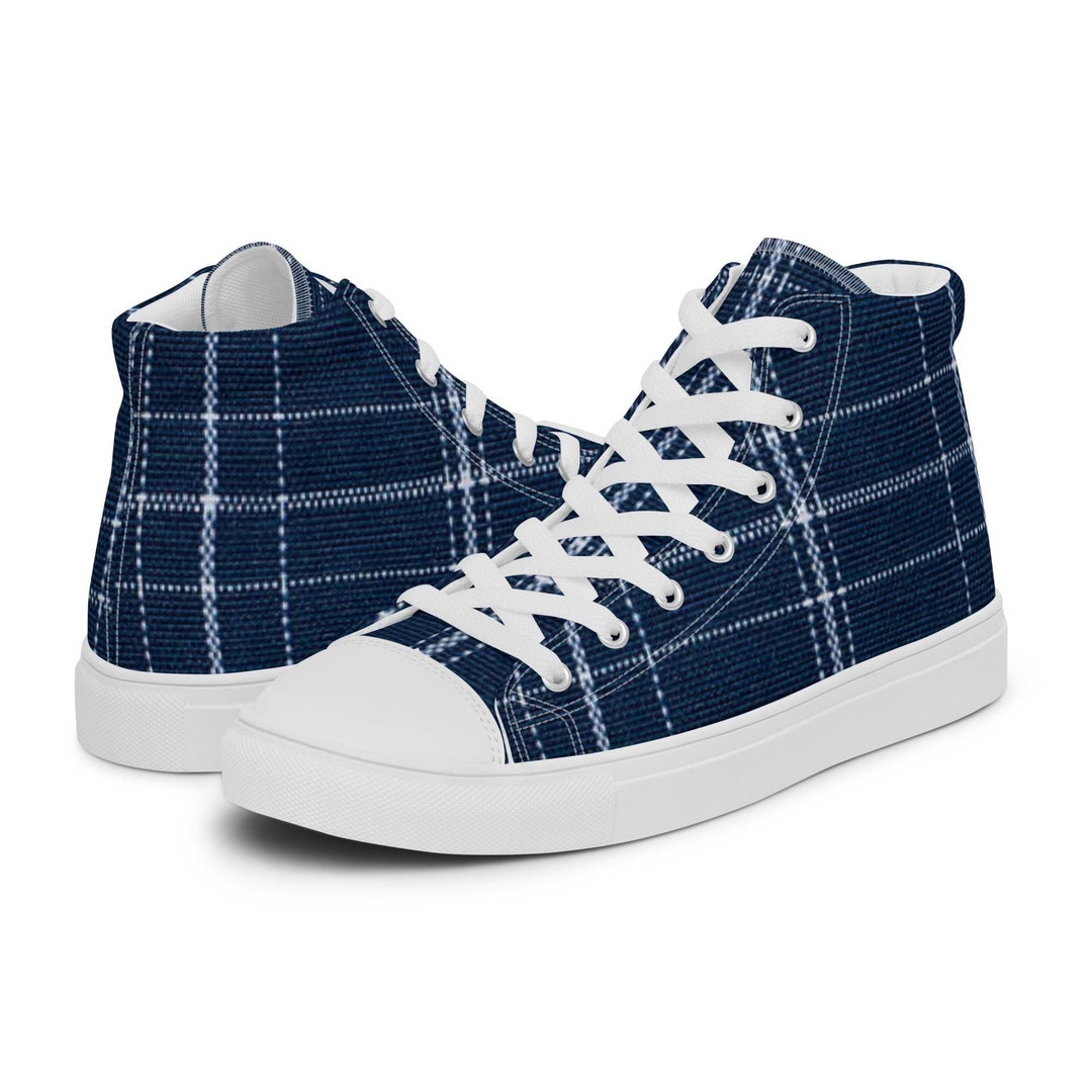 Mens Blue Checkered High Top Canvas Shoes - Etsy