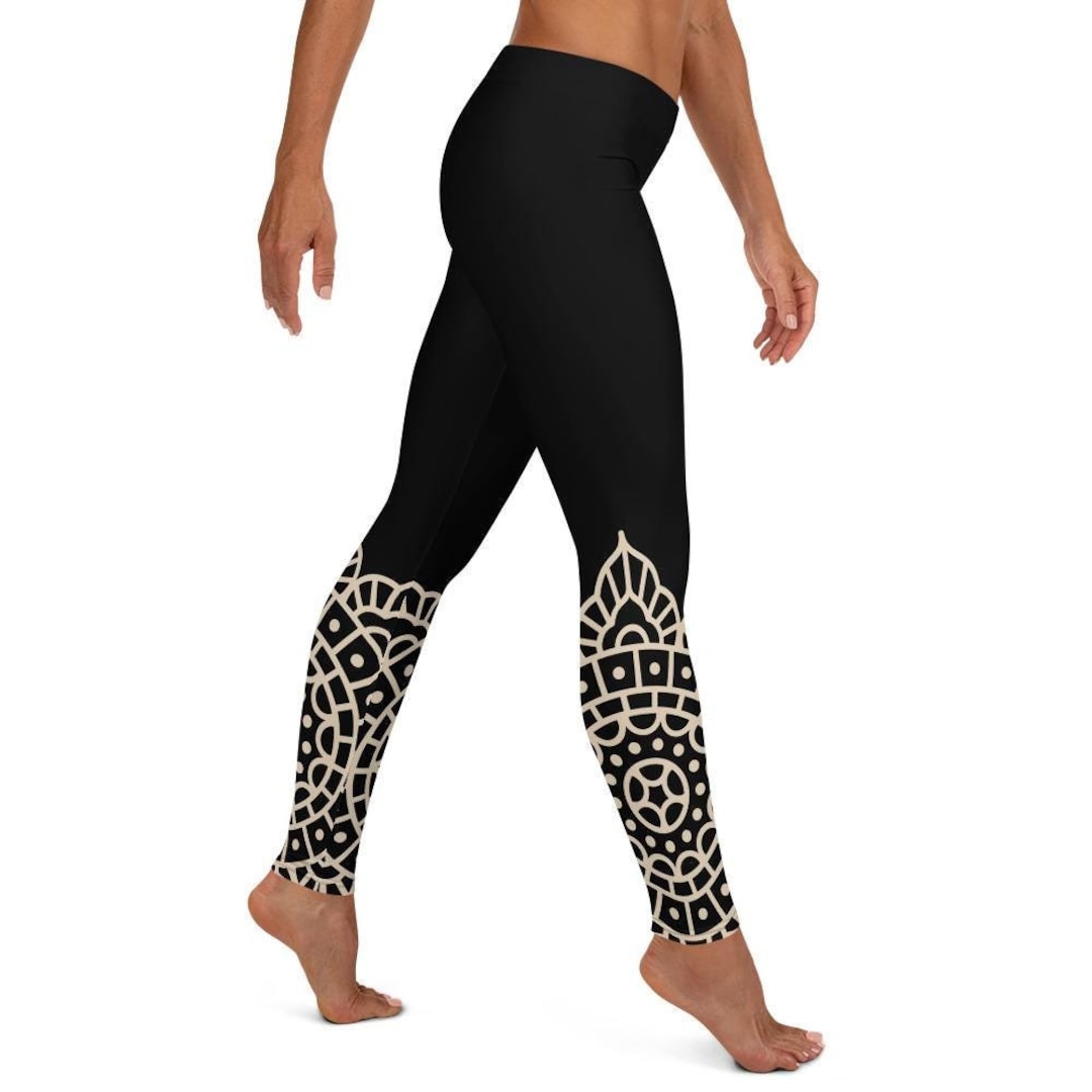 Black and Tan Mandala Leggings, Floral Leggings, 80's Inspired Yoga ...
