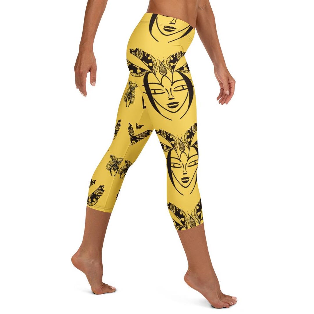 Women's Tribal Bohemian Boho Design Capri Leggings, Yellow Ethnic ...