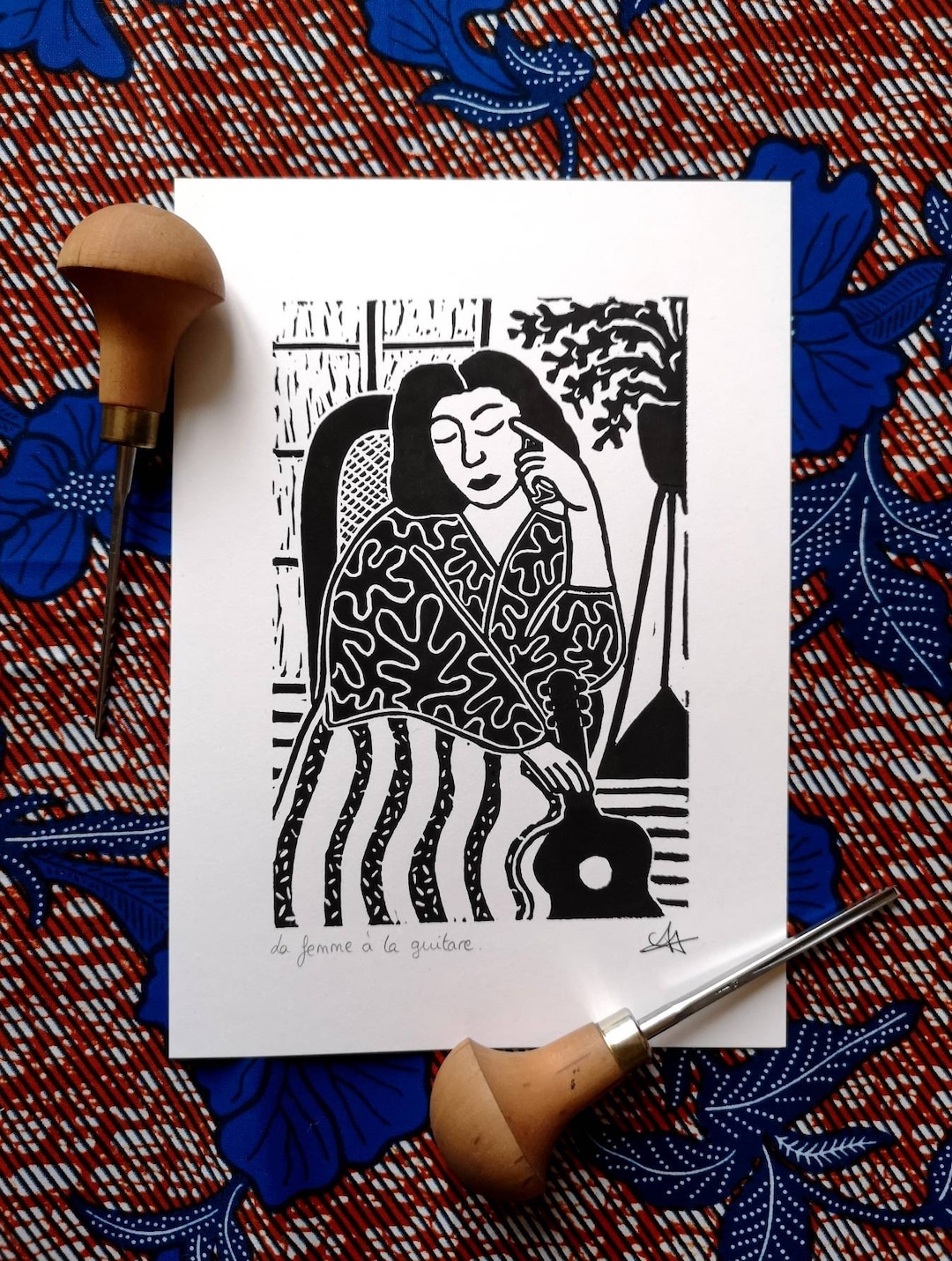 Original Linocut, the Woman With the Guitar - Etsy