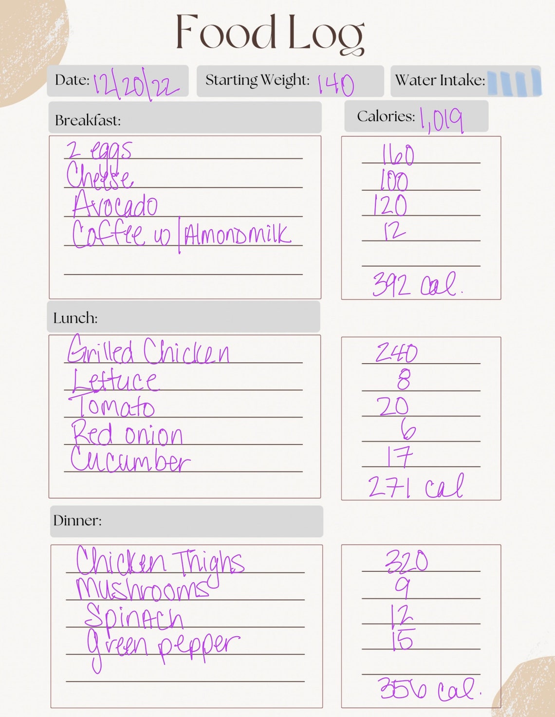 Digital Printable Downloadable Easy Beginners Food Log - Etsy
