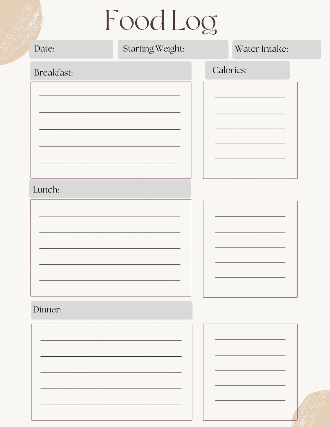 Digital Printable Downloadable Easy Beginners Food Log - Etsy