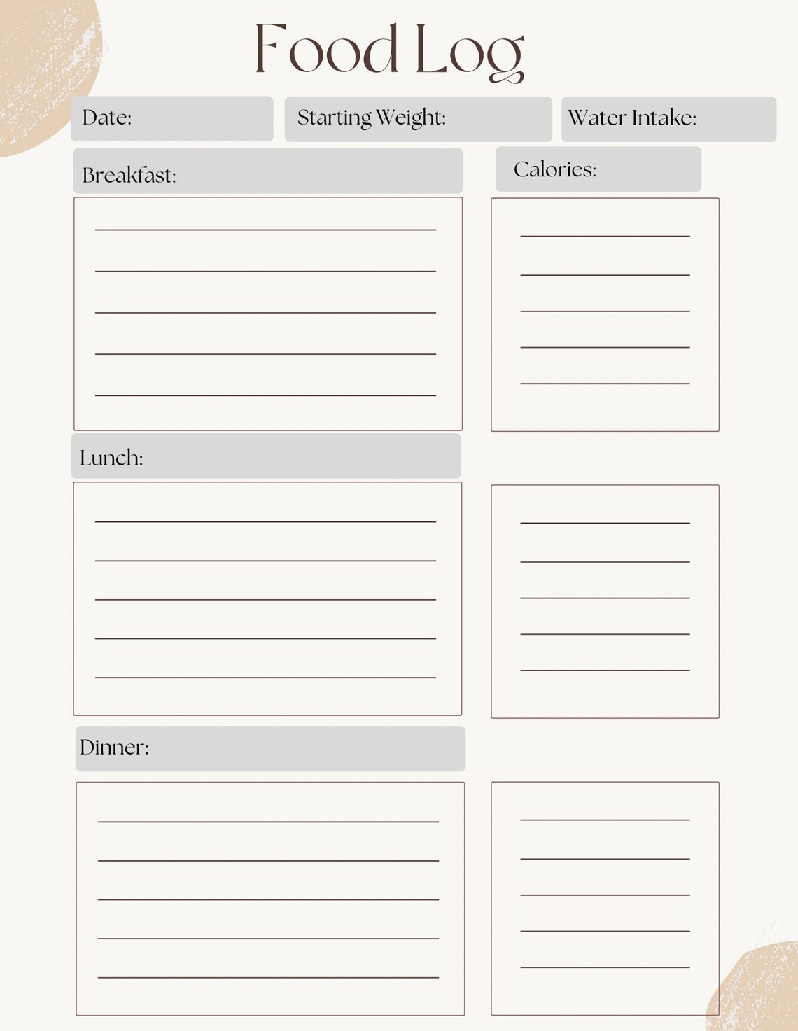 Digital Printable Downloadable Easy Beginners Food Log - Etsy