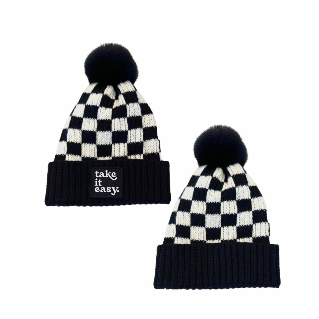 Black and White Checkered Beanie With Pom Pom - Etsy