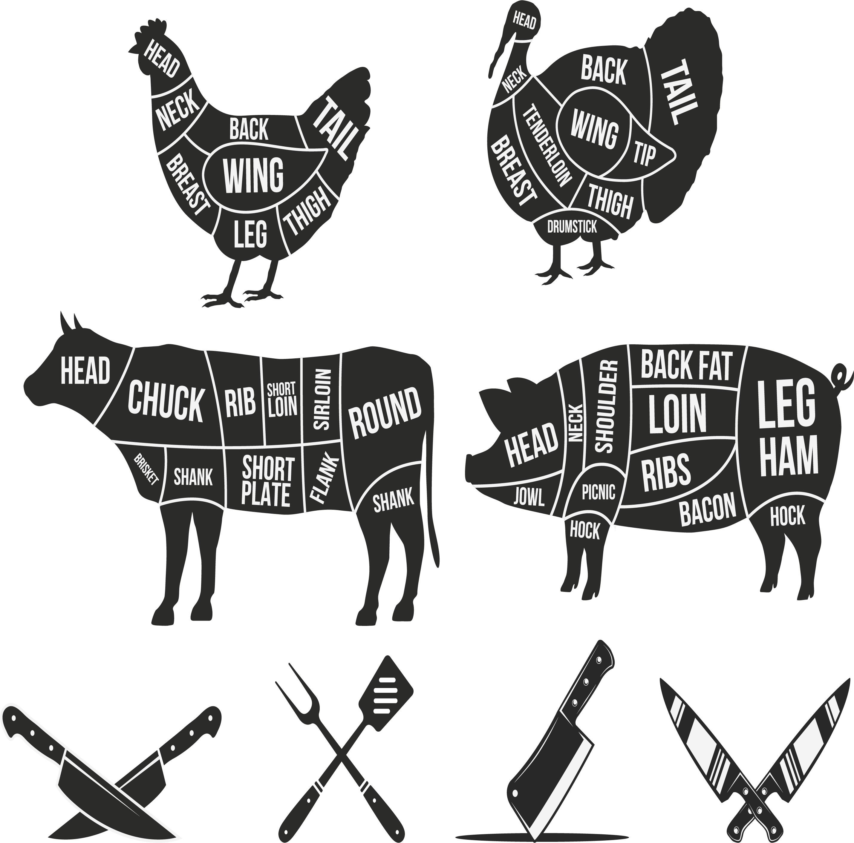 Butcher Cuts 2 Vectors, Dxf Svg Pdf AI Eps- CNC, Glowforge, Xtool or ...