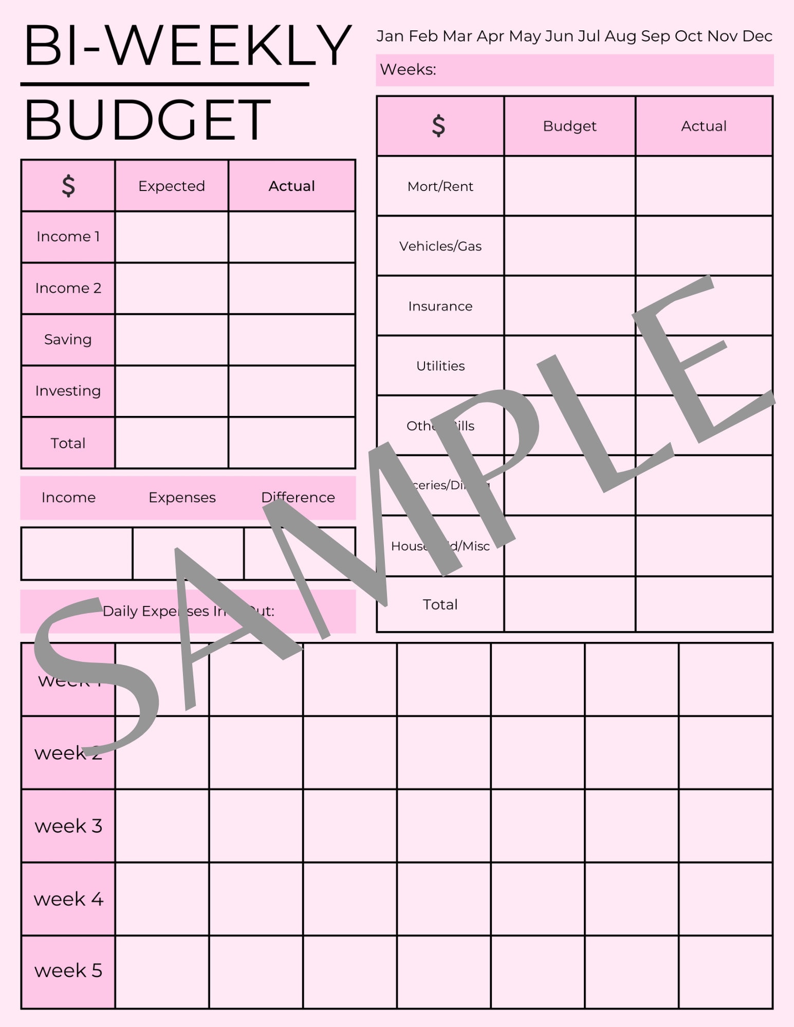 Bi-weekly Budget Printable Sheet Pink - Etsy