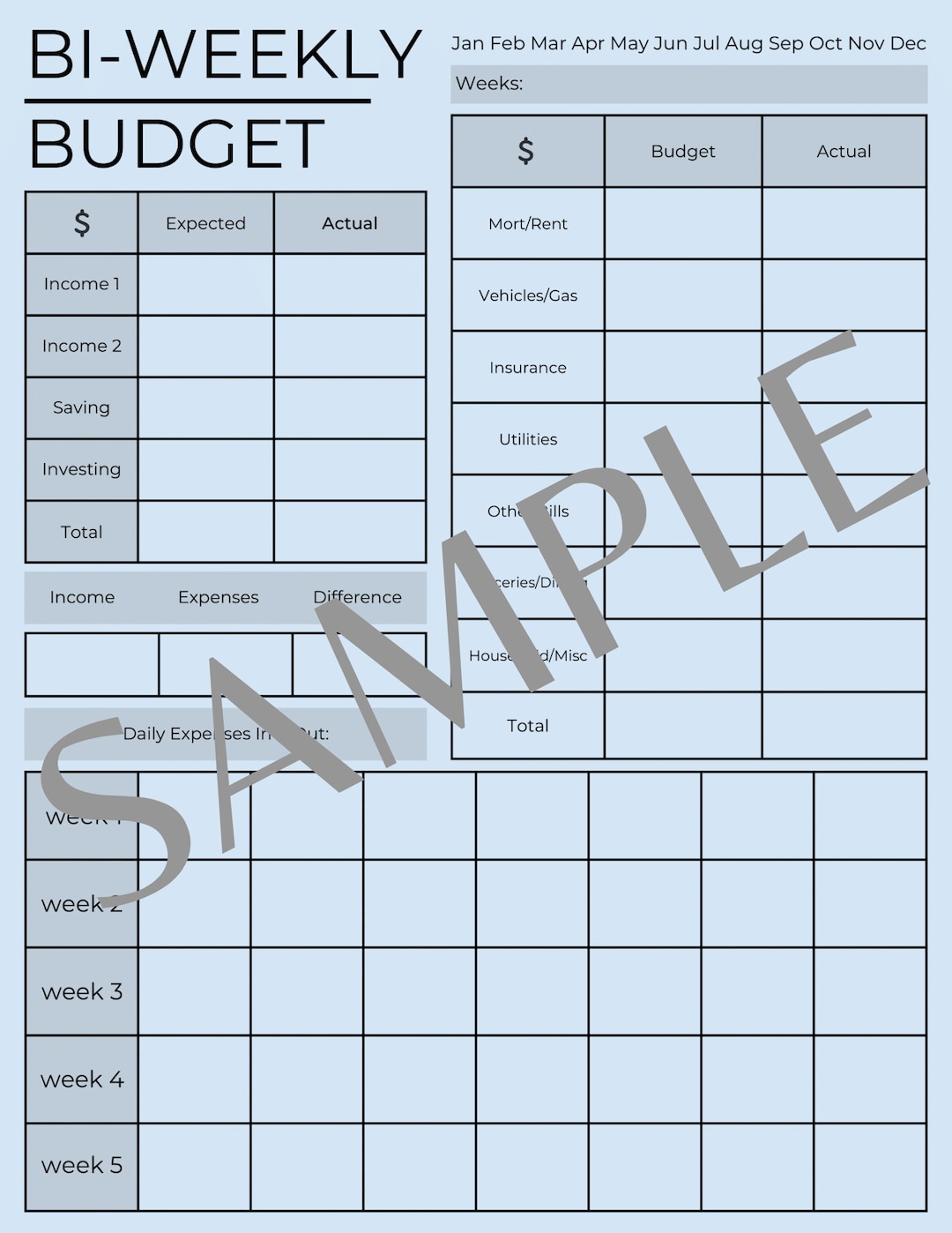 Bi-weekly Budget Printable Sheet Blue - Etsy