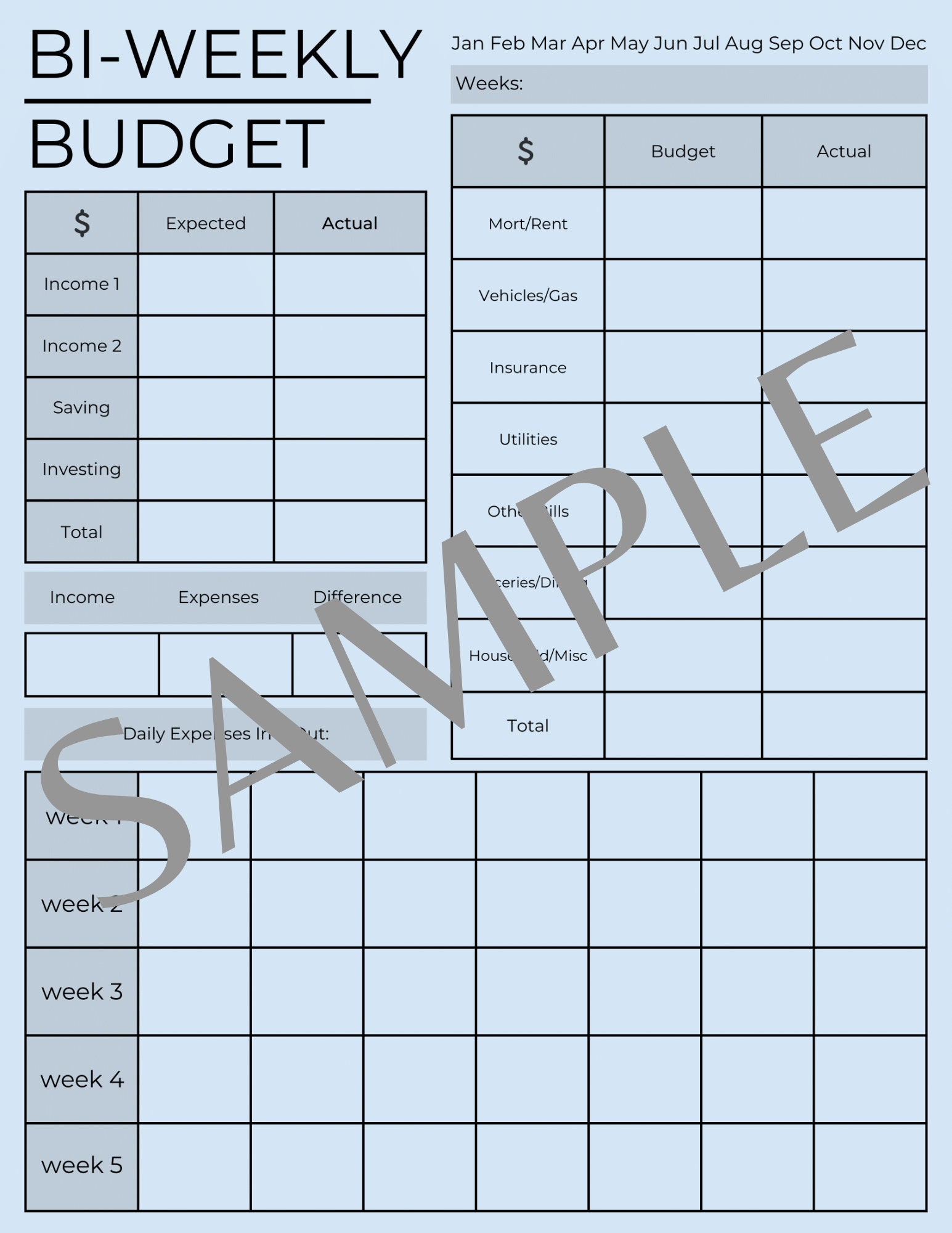 Bi-weekly Budget Printable Sheet Blue - Etsy
