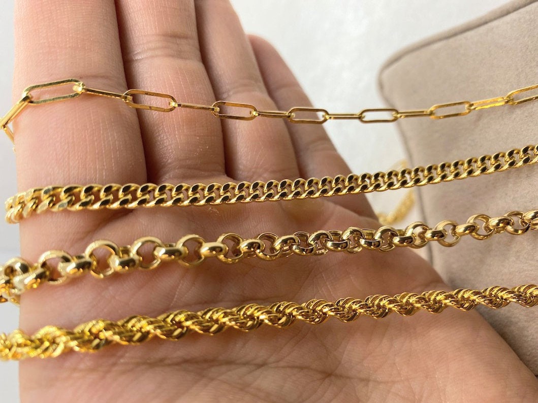 18K Real Gold Rolo Chain, Paperclip Chain, 14K Real Gold Rope Chain ...