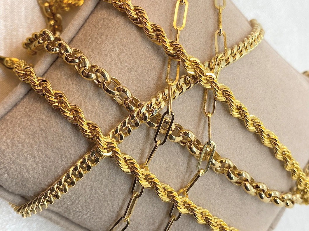 18K Real Gold Rolo Chain, Paperclip Chain, 14K Real Gold Rope Chain ...