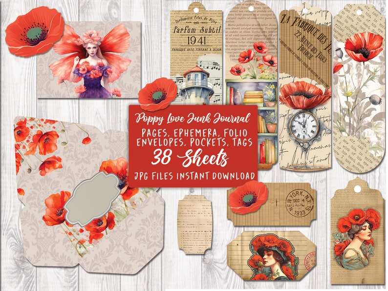 Poppies Digital Junk Journal, Wildflowers Scrapbook Papers, Flowers ...