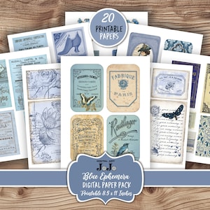 Blue Ephemera Junk Journal Kit, Floral Scrapbook Papers Set, Vintage ...