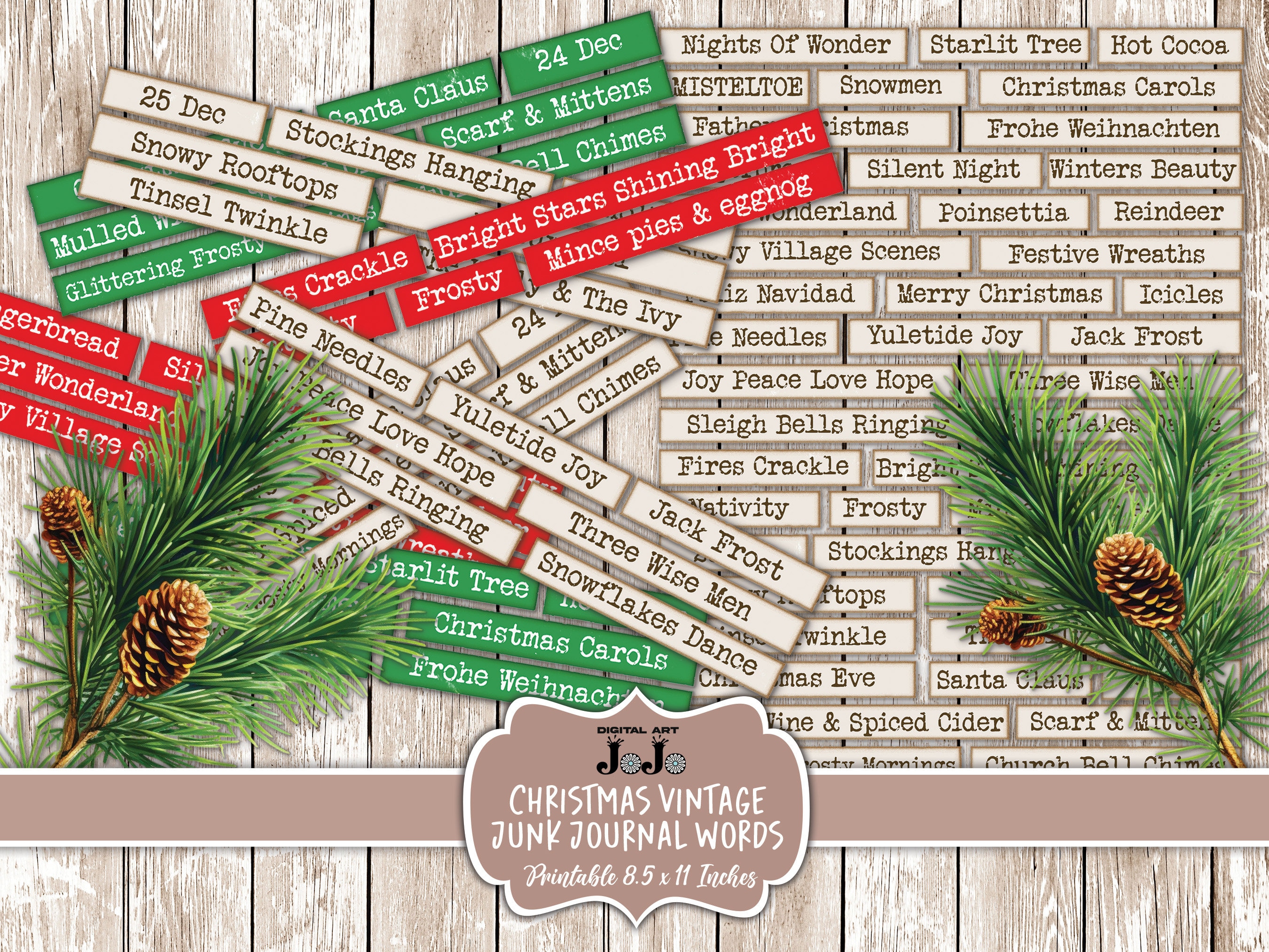 Christmas Junk Journal Word Labels, Winter Scrapbook Printable Digital ...