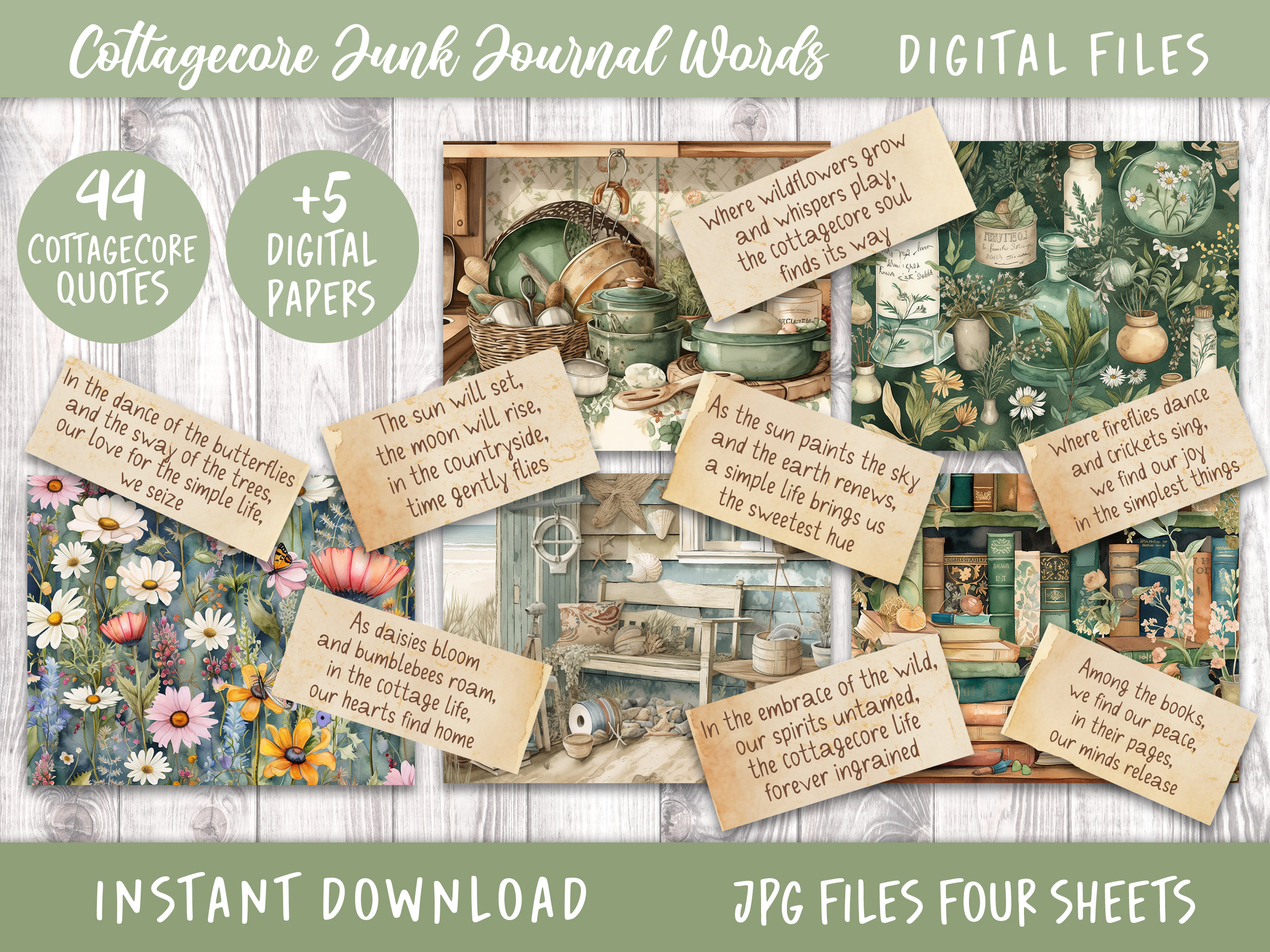 Cottagecore Junk Journal Digital Words, Printable Ephemera Vintage ...
