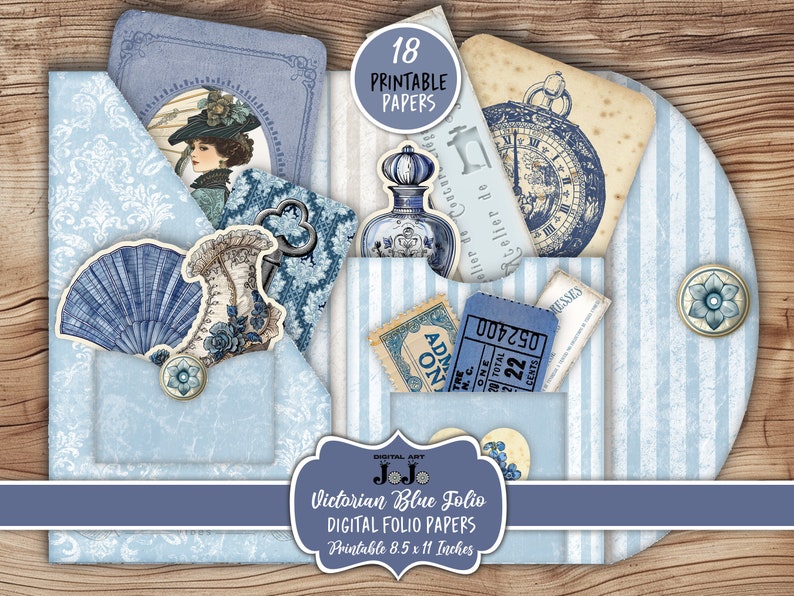 Victorian Junk Journal Folio Printables, Scrapbook Blue Digital Wallet ...