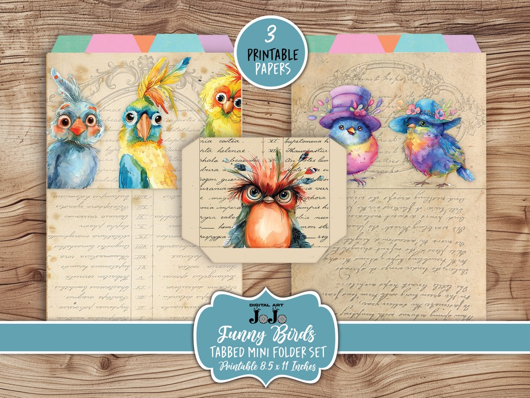 Funny Birds Tabbed Folders, Mini Vintage Junk Journal Ephemera Kit ...